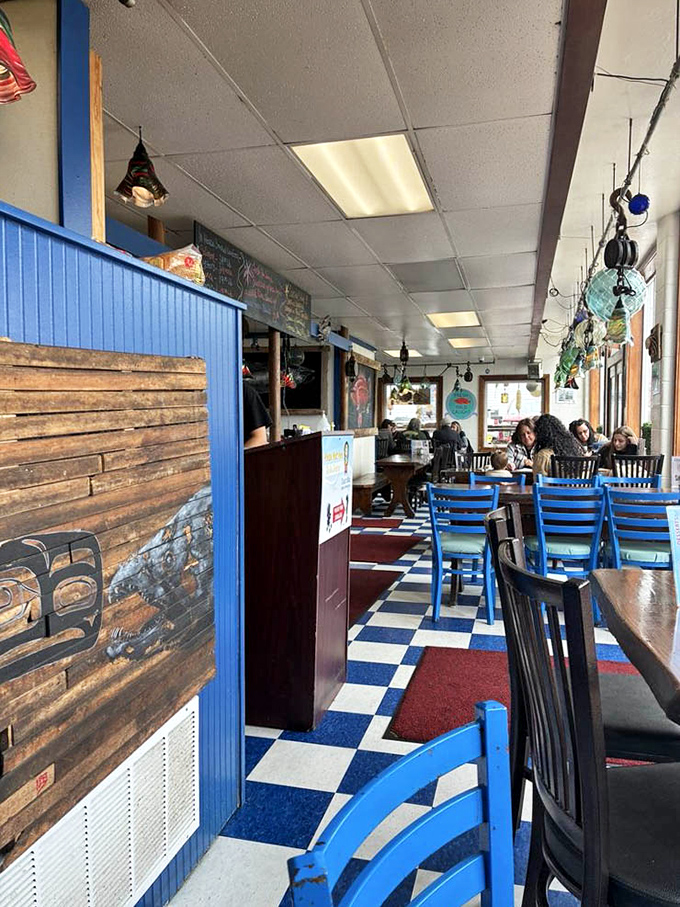 The blue-checkered floors and maritime d&eacute;cor whisper "authentic" while the menu shouts "fresh catch of the day!"