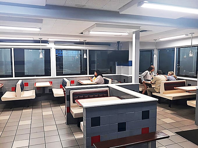 Modern meets retro in this updated interior, where those geometric booth designs could make even IKEA jealous.