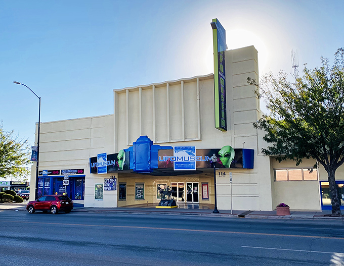 The International UFO Museum's retro facade features playful green alien faces, inviting both believers and skeptics to explore the incident that put Roswell on the galactic map.