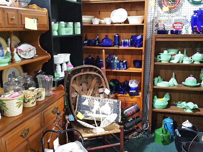 A color-coordinated wonderland of jadeite and cobalt glass. Collectors call this "the dangerous aisle" &ndash; you'll never leave with just one piece.