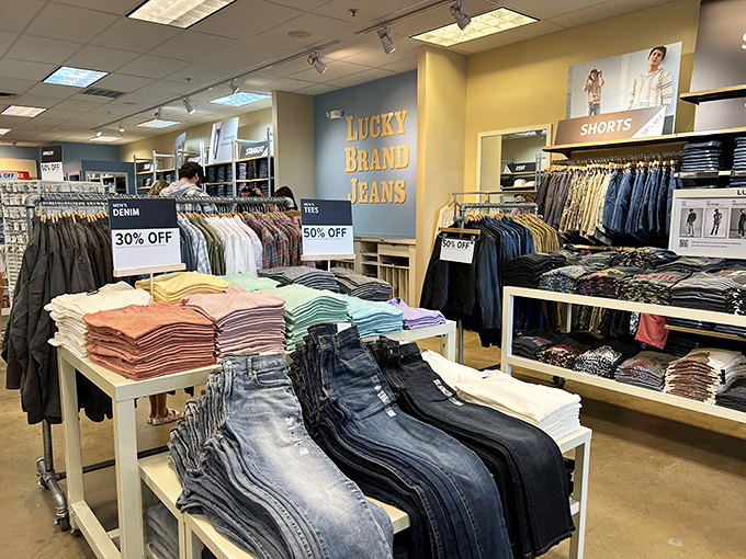 Denim heaven at Lucky Brand, where jeans aren't just stacked&mdash;they're displayed like treasures waiting to transform your wardrobe without transforming your savings account.