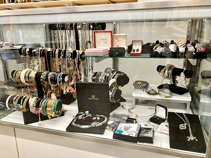 A jewelry lover's dream come true—vintage and contemporary pieces await behind glass, from statement necklaces to delicate bracelets.