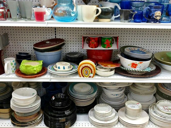 The kitchenware section resembles a time-traveling dinner party, where vintage Pyrex meets modern mugs and yesterday's patterns become tomorrow's conversation starters.