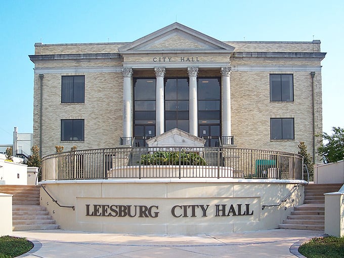 Leesburg City Hall stands as a testament to civic pride with its classical columns and brick fa&ccedil;ade&mdash;architecture that says "we take our small-town governance seriously, but not stuffily."