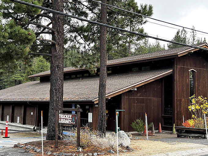The Truckee Library nestles among towering pines, its rustic timber design blending seamlessly with the mountain landscape it serves.