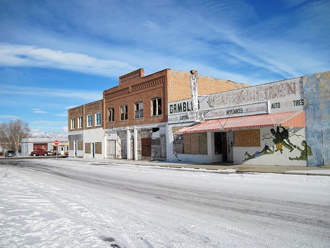Winter blankets Shoshoni's historic buildings in pristine white, transforming the quiet main drag into a postcard from Wyoming's resilient past.