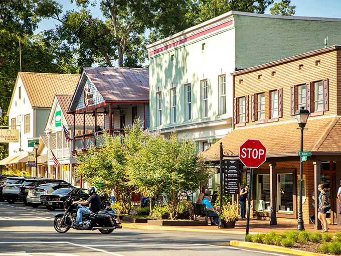 Summer brings Dahlonega's main street to life with colorful storefronts, outdoor dining, and the occasional motorcycle rumbling through town.