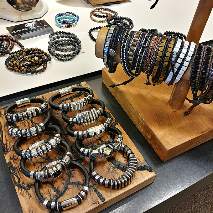 Not your father's jewelry collection! These artisanal bracelets transform everyday outfits into statements, displayed with the reverence they deserve.