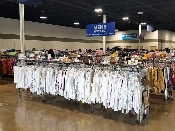 Row after row of crisp white shirts await their second chance, proving one person's castoff is another's perfect find.