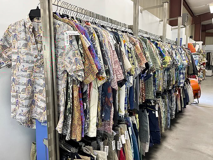 Hawaiian shirts as far as the eye can see! This isn't just clothing&mdash;it's a museum of vacation memories and tropical fashion statements waiting for their second act.