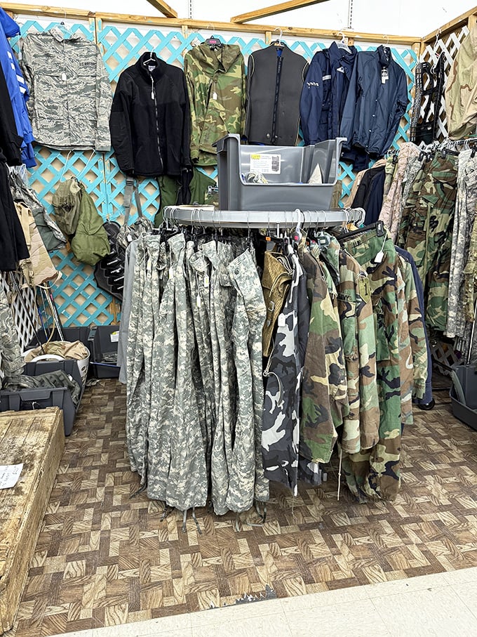 Military surplus heaven! Where else can you find authentic camo that's seen more action than your weekend camping trips?