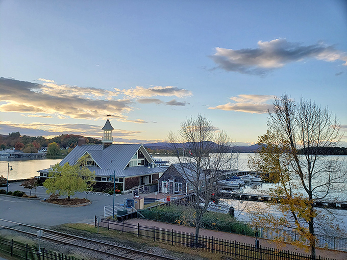 The Gateway Center stands like a lighthouse for landlubbers, beckoning visitors to Newport's shores. That sunset isn't Photoshopped&mdash;it's just Vermont showing off.