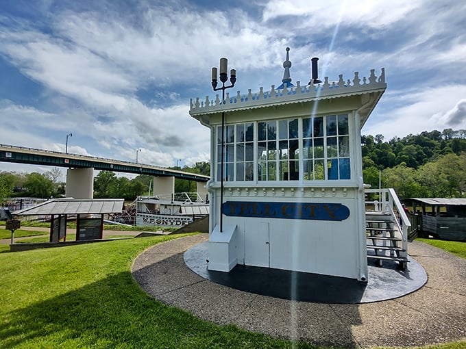 This charming riverboat pilot house stands as a sentinel to Marietta's waterway heritage, a time capsule from when captains navigated by sight and instinct.