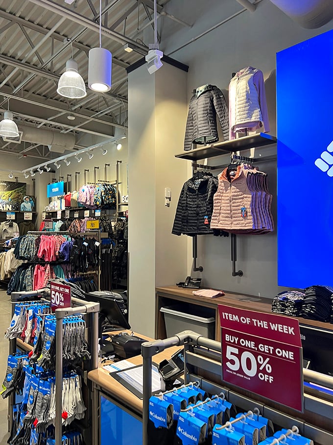 Columbia's display showcases a rainbow of puffer vests and jackets&mdash;proof that looking outdoorsy doesn't require actual camping experience.