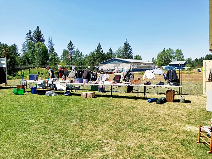 Clothing racks standing at attention like patient soldiers, waiting for someone to discover that perfect flannel shirt or vintage jacket.