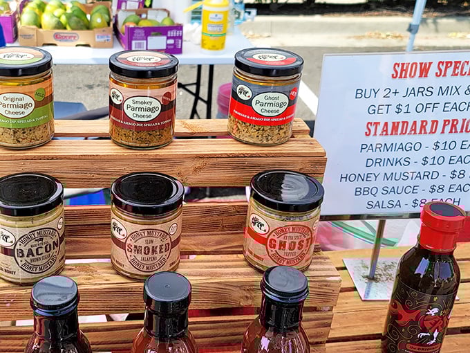 A colorful array of specialty condiments stands at attention like delicious soldiers. That ghost pepper sauce isn't kidding around&mdash;consider yourself warned!