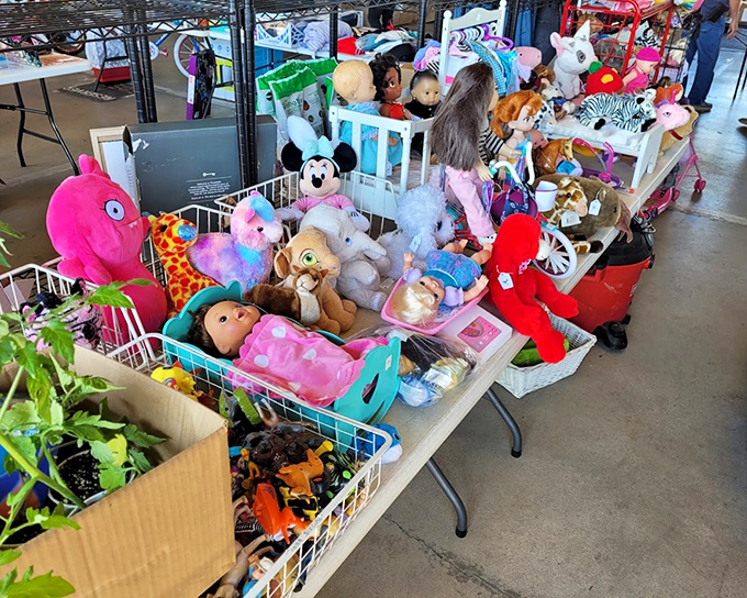 Stuffed animals galore! One person's forgotten childhood friend becomes another's cherished find. That pink elephant might just be someone's new best friend. 
