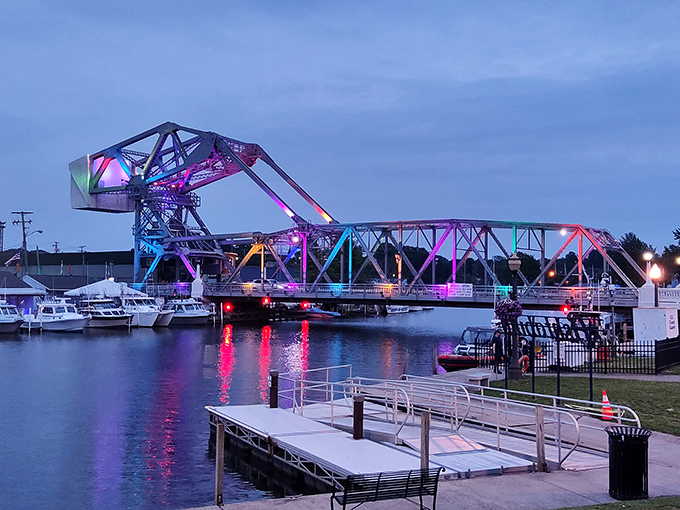 The lift bridge transforms into a kaleidoscope of colors at dusk. Engineering meets art in this spectacular display that makes even grown adults say "oooh."