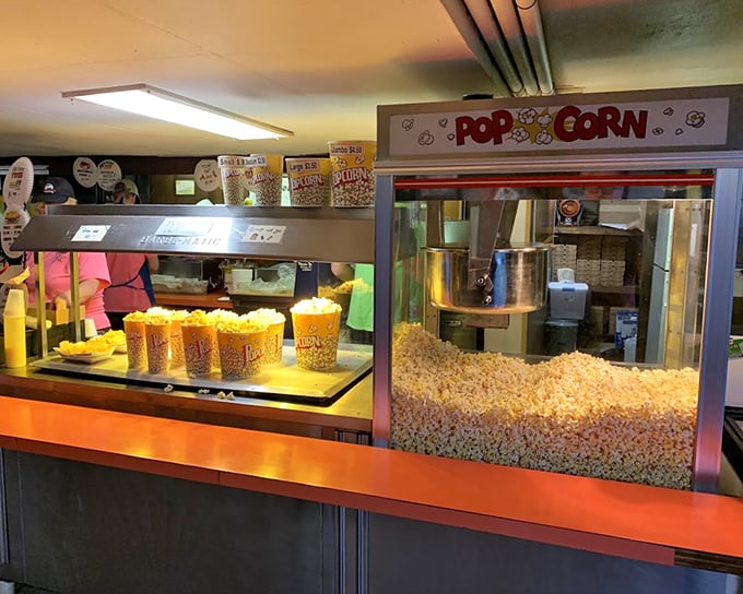 Popcorn paradise! The heart of any drive-in experience pumping out buttery gold by the bucketful. That sound? Childhood memories popping back to life.