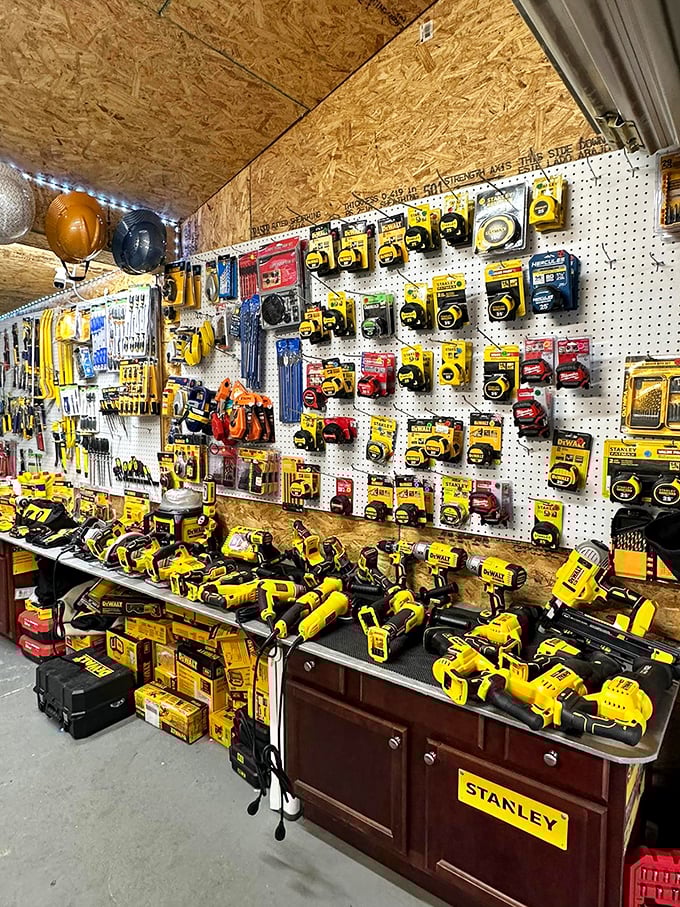 Tool heaven for DIY enthusiasts! This pegboard paradise showcases everything from DeWalt power tools to measuring tapes that would make any home improvement show host jealous.