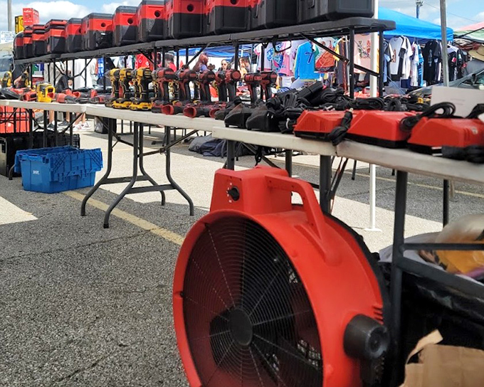The tool collector's dream landscape &ndash; rows of red power equipment standing at attention like an army ready to build, fix, or demolish.