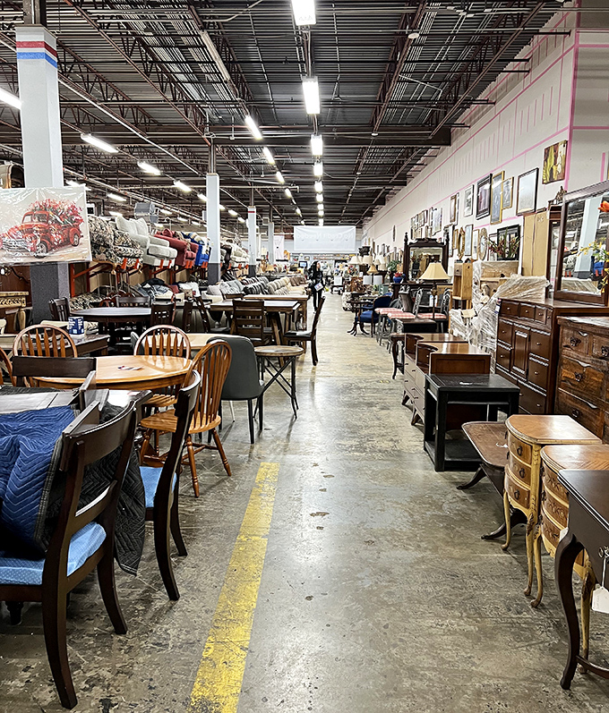 Yellow lines on concrete floors serve as treasure maps through this wonderland of wooden wares and vintage finds.