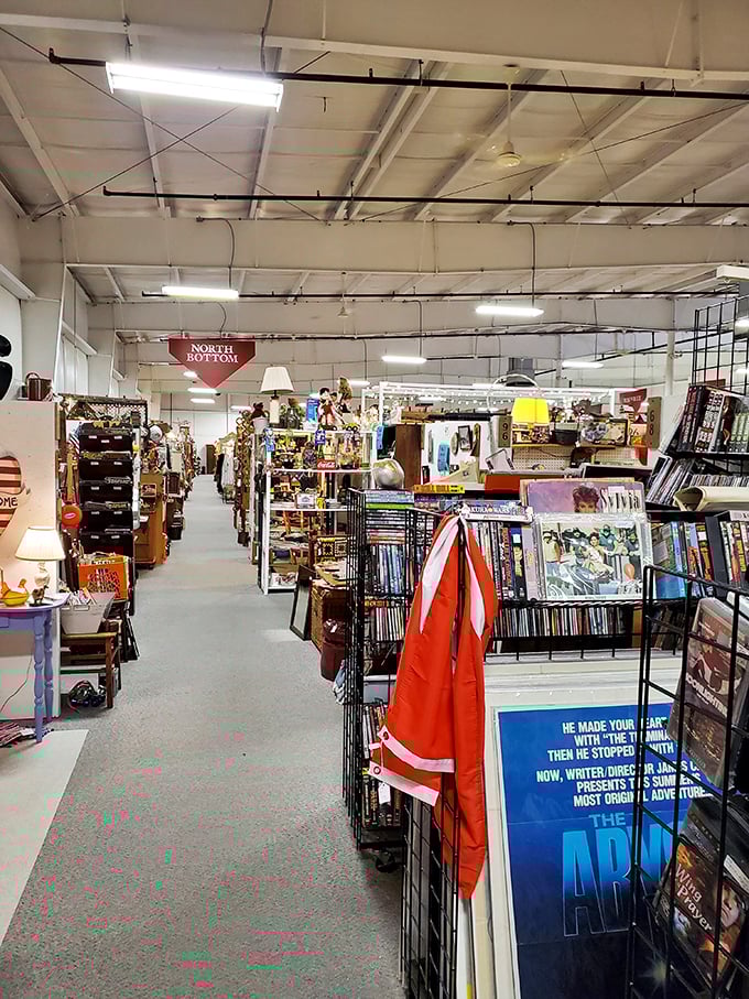 Aisles that seem to stretch into infinity, each turn promising new discoveries. The "North Bottom" sign isn't giving directions&mdash;it's inviting exploration.