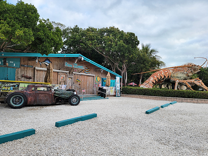 Where art meets eccentricity: The Rain Barrel Village's rustic wooden buildings with turquoise trim create the perfect backdrop for Florida's most photogenic crustacean.