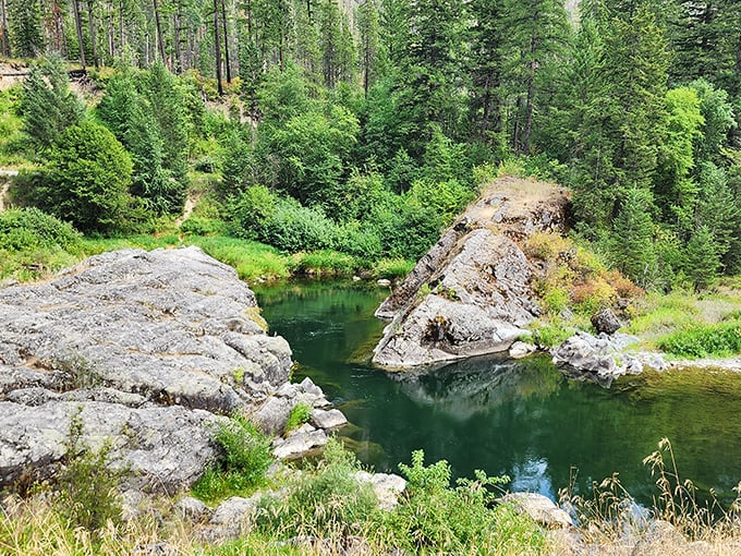 A hidden emerald pool nestled among ancient rocks, where time seems to slow and the only schedule that matters is nature's own.