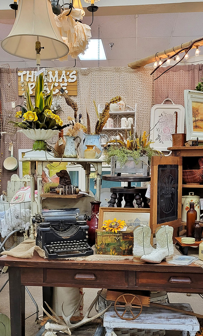 A vintage typewriter anchors this perfectly staged vignette. Someone clearly understood that nostalgia isn't just remembering&mdash;it's feeling transported back in time.