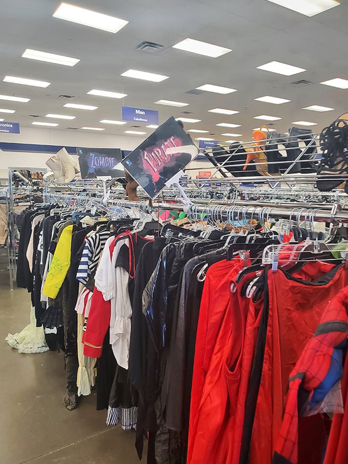 Halloween costumes mingle with everyday fashion, proving that at Goodwill, you can reinvent yourself for $40 any day of the year.