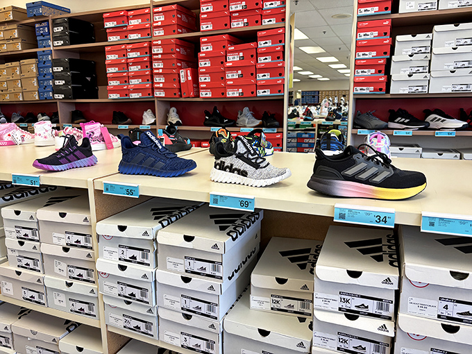 Sneaker heaven awaits! Rows of Adidas footwear tempt shoppers with the perfect combination of style, comfort, and prices that won't make your wallet weep.