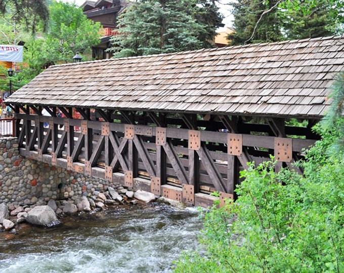 Nature and craftsmanship in perfect harmony&mdash;the weathered cedar shingles and sturdy timber frame stand sentinel over Gore Creek's rushing waters.