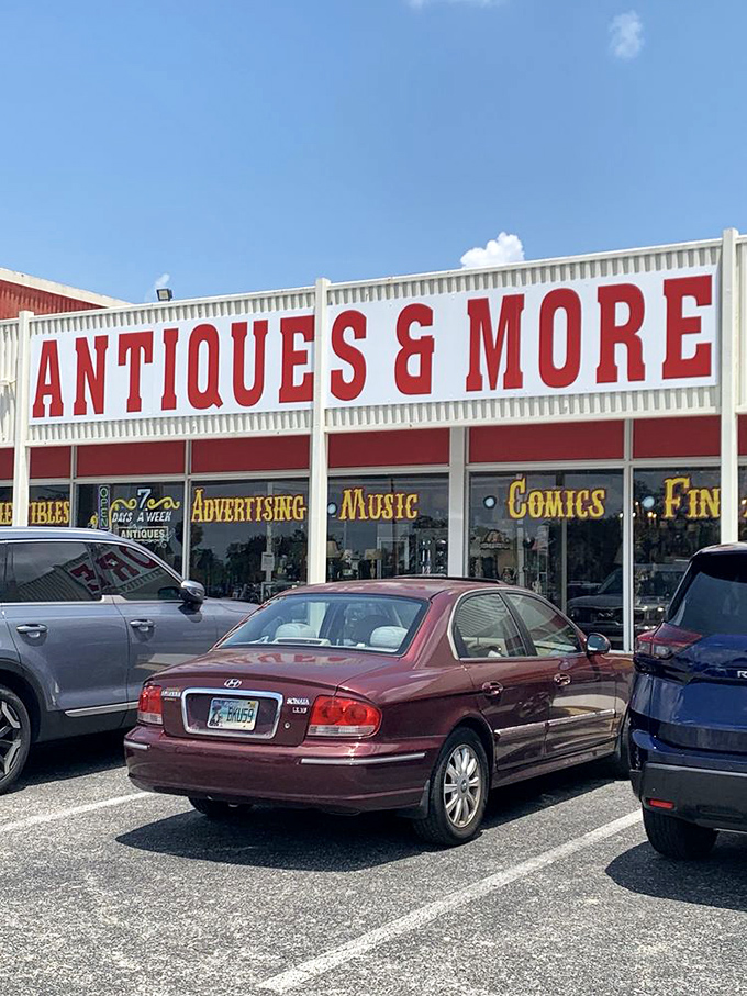 That bold "ANTIQUES & MORE" sign isn't kidding about the "& MORE" part. It's like they're saying, "Come for the antiques, stay for the everything else