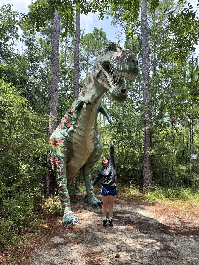 Face-to-face with a T-Rex that seems equally surprised to find itself in Alabama. Those tiny arms never stood a chance against selfie culture.