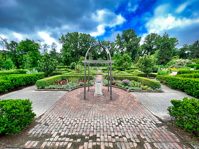 The formal garden's geometric precision offers a delightful contrast to Michigan's wild landscapes, like nature decided to dress up for a special occasion.