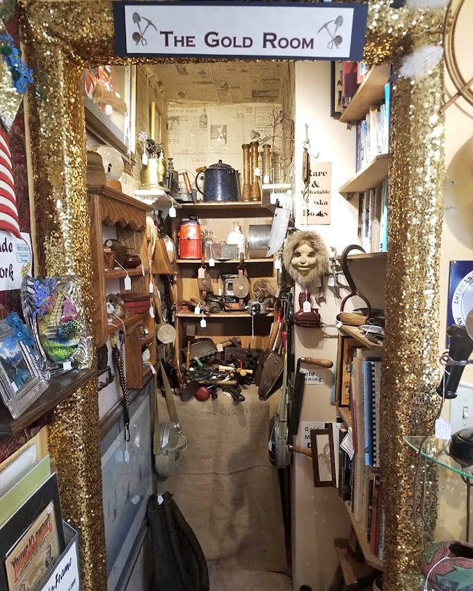 The Gold Room's glittering entrance promises mining memorabilia and Alaska books, framed by sparkle that would make a disco ball jealous.