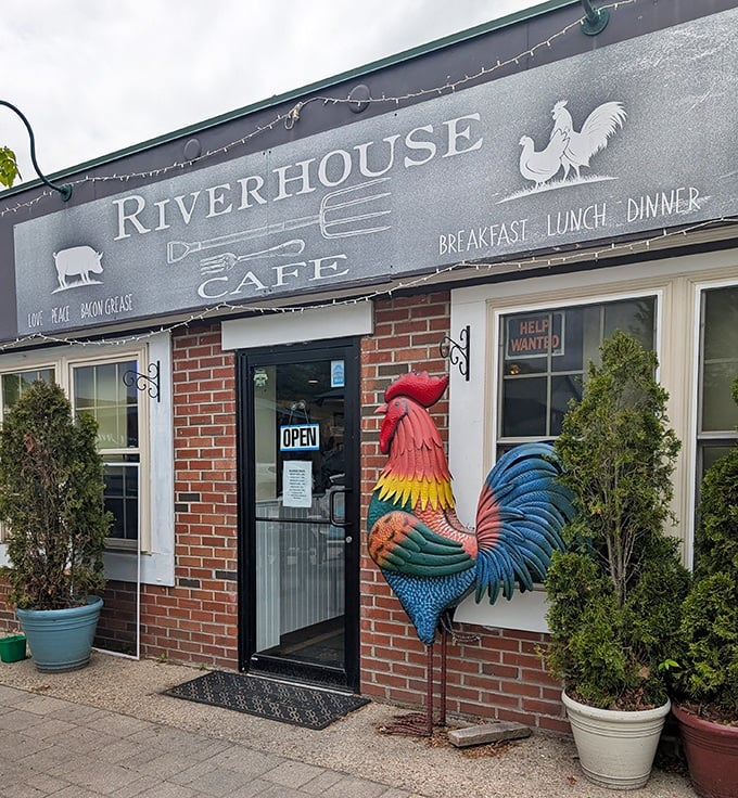 The Riverhouse Cafe's colorful rooster sentinel stands guard, promising farm-fresh breakfasts worth crowing about to anyone who passes by. 