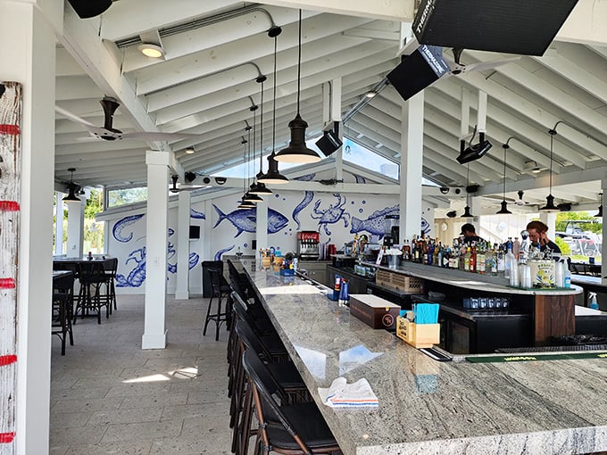 The airy bar area with its blue fish murals feels like the coastal Georgia equivalent of Hemingway's favorite haunt &ndash; unpretentious yet impossibly charming.