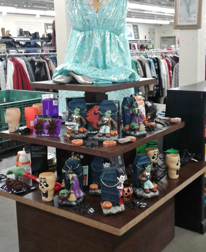 Halloween meets bargain hunting! These spooky decorations wait patiently year-round, ready to transform someone's home into a haunted paradise.