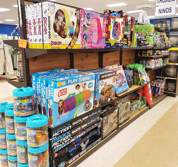 Childhood nostalgia overflows in the toy section, where Scooby-Doo, play tunnels, and colorful containers wait to spark joy in a second generation of kids.