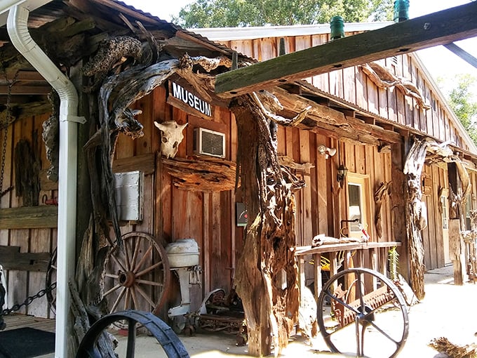 This rustic museum looks like it was assembled from the fever dreams of a Western movie set designer and a Louisiana swamp guide. Pure authenticity!