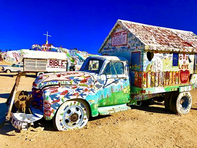 This isn't your average pickup truck&mdash;it's a rolling canvas that took "pimp my ride" to spiritual heights. Even the vehicles here preach the gospel of color. 