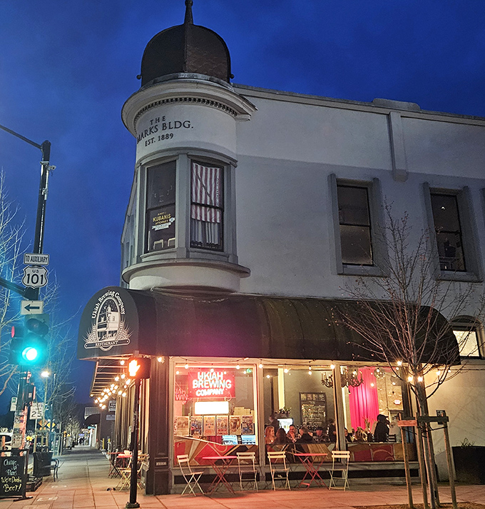 The historic Marks Building houses Ukiah Brewing Company, where locals gather under twinkling lights to debate important matters like IPA vs. stout.
