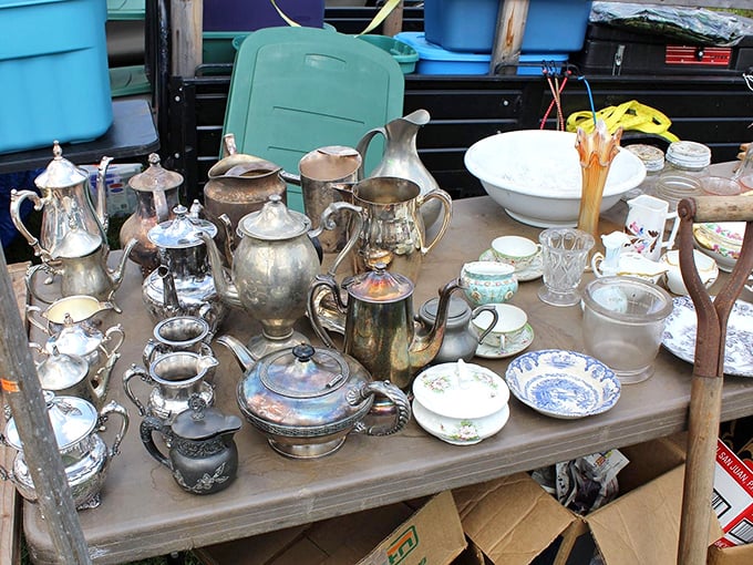 Silver tea services fit for Downton Abbey alongside everyday china that whispers of Sunday dinners past. Grandma would approve!
