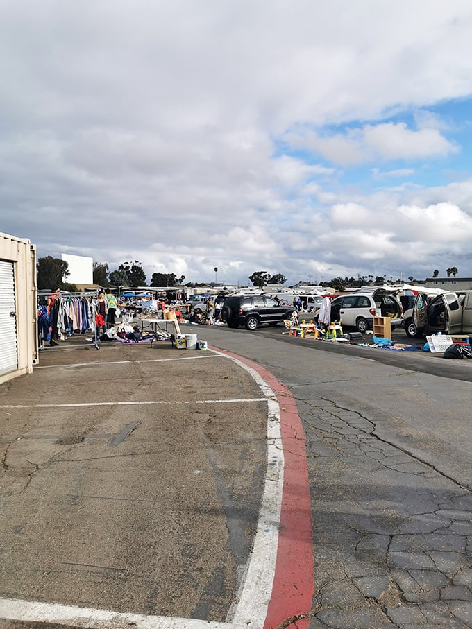 Morning light bathes the marketplace as early birds get first pick. The red-lined walkway serves as your yellow brick road to bargain paradise.