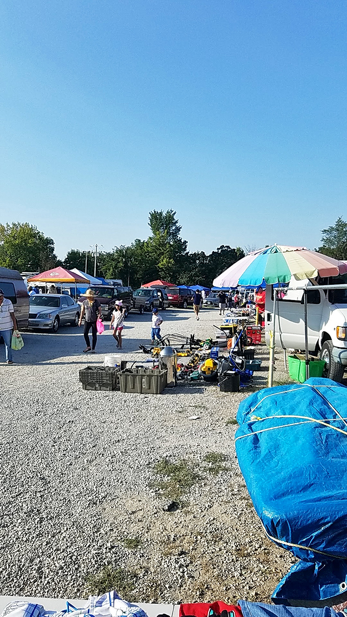 Gravel pathways wind through this treasure hunter's paradise, where colorful umbrellas mark territories of endless possibility.