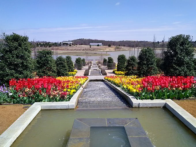 Water cascades between vibrant tulip beds in this Italian-inspired terrace design that makes Oklahoma feel surprisingly Mediterranean.