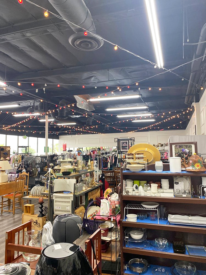 String lights crisscross the industrial ceiling, creating a festive atmosphere that says "this isn't your grandmother's thrift store." Unless your grandmother was incredibly cool.