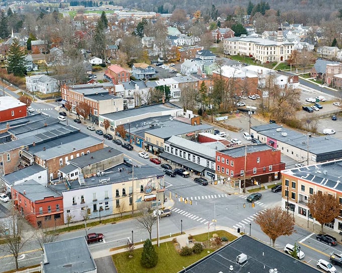 From above, Tunkhannock unfolds like a miniature movie set—red brick buildings and tidy streets nestled against the rolling Endless Mountains backdrop.
